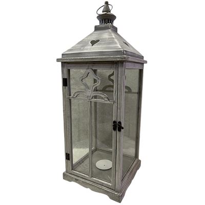 Velká dřevěná lucerna 30,5 x 30,5 x 81 cm šedobílá | DOLTAK