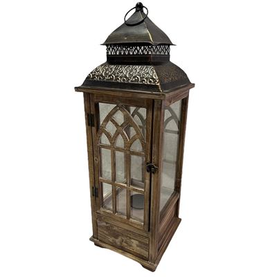 Velká dřevěná lucerna s přihrádkou 24 x 24 x 70 cm hnědá | DOLTAK