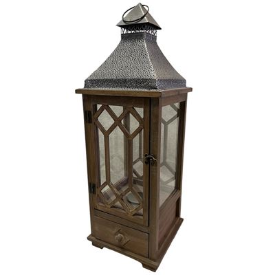 Velká dřevěná lucerna s přihrádkou 24 x 24 x 70,5 cm hnědá | DOLTAK